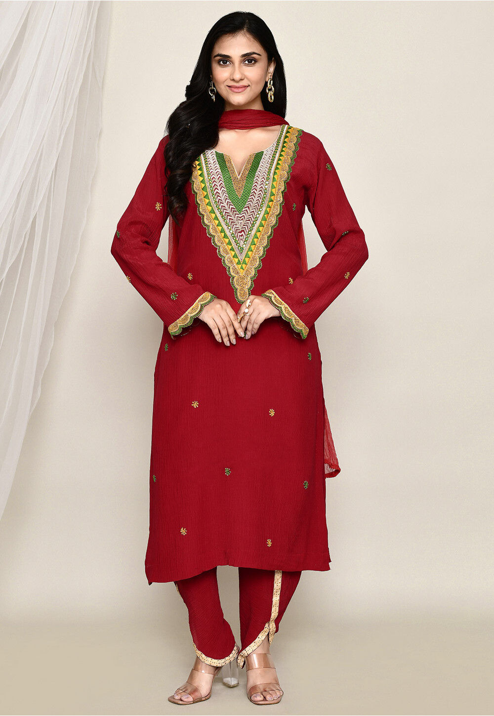 Buy Hand Embroidered Crepe Punjabi Suit in Maroon Online : KQC416 ...