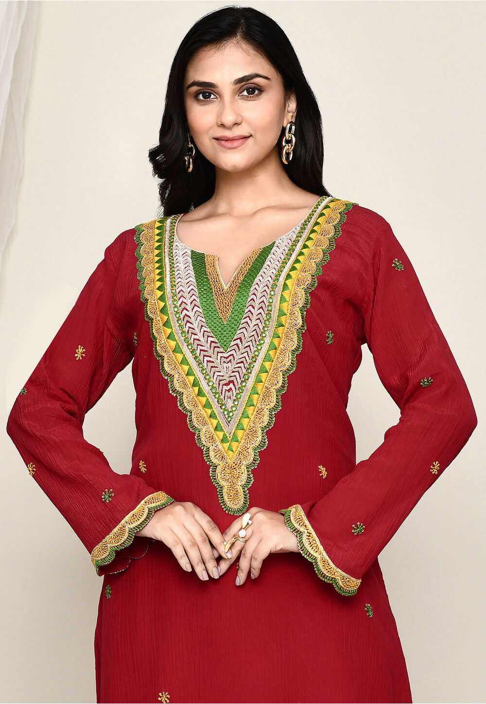 Buy Hand Embroidered Crepe Punjabi Suit in Maroon Online : KQC416 ...