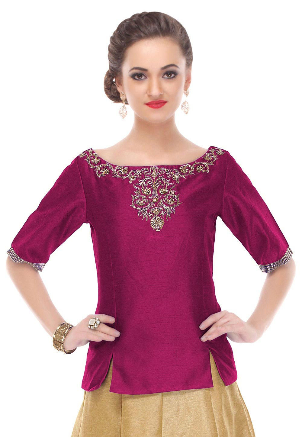 Buy Hand Embroidered Dupion Silk Top in Magenta Online : TUC598 - Utsav ...
