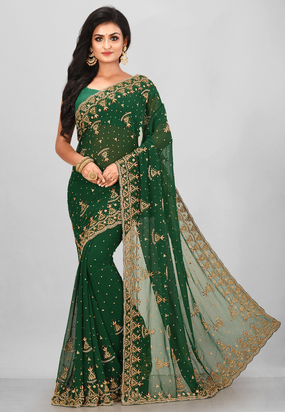 Buy Hand Embroidered Georgette Saree in Dark Green Online : SEH2792 ...