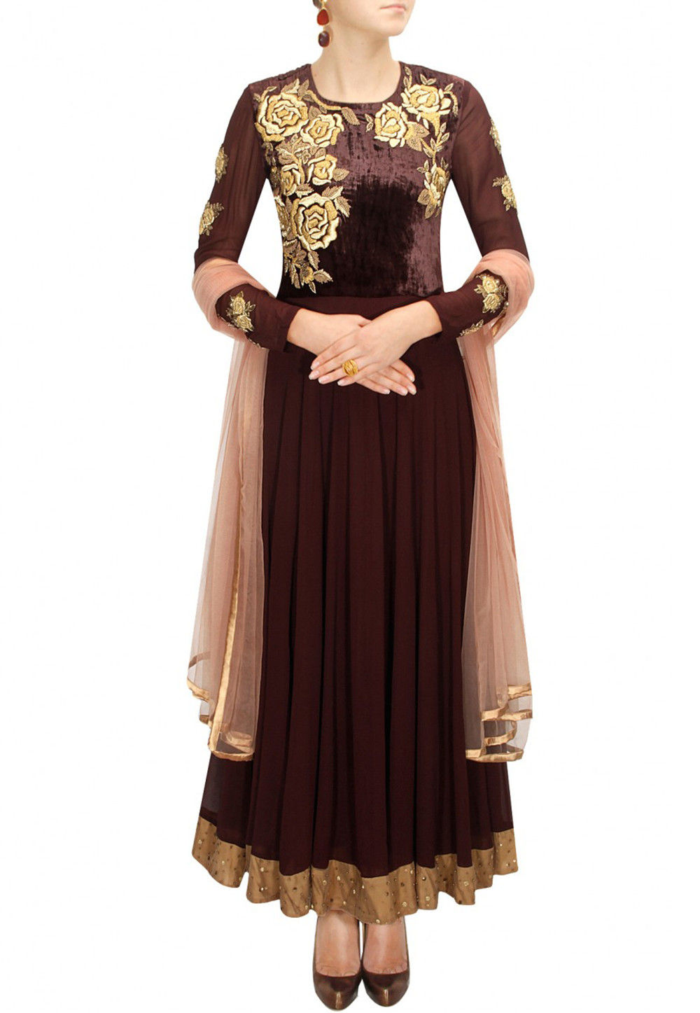 Buy Hand Embroidered Georgette Abaya Style Suit in Brown Online ...