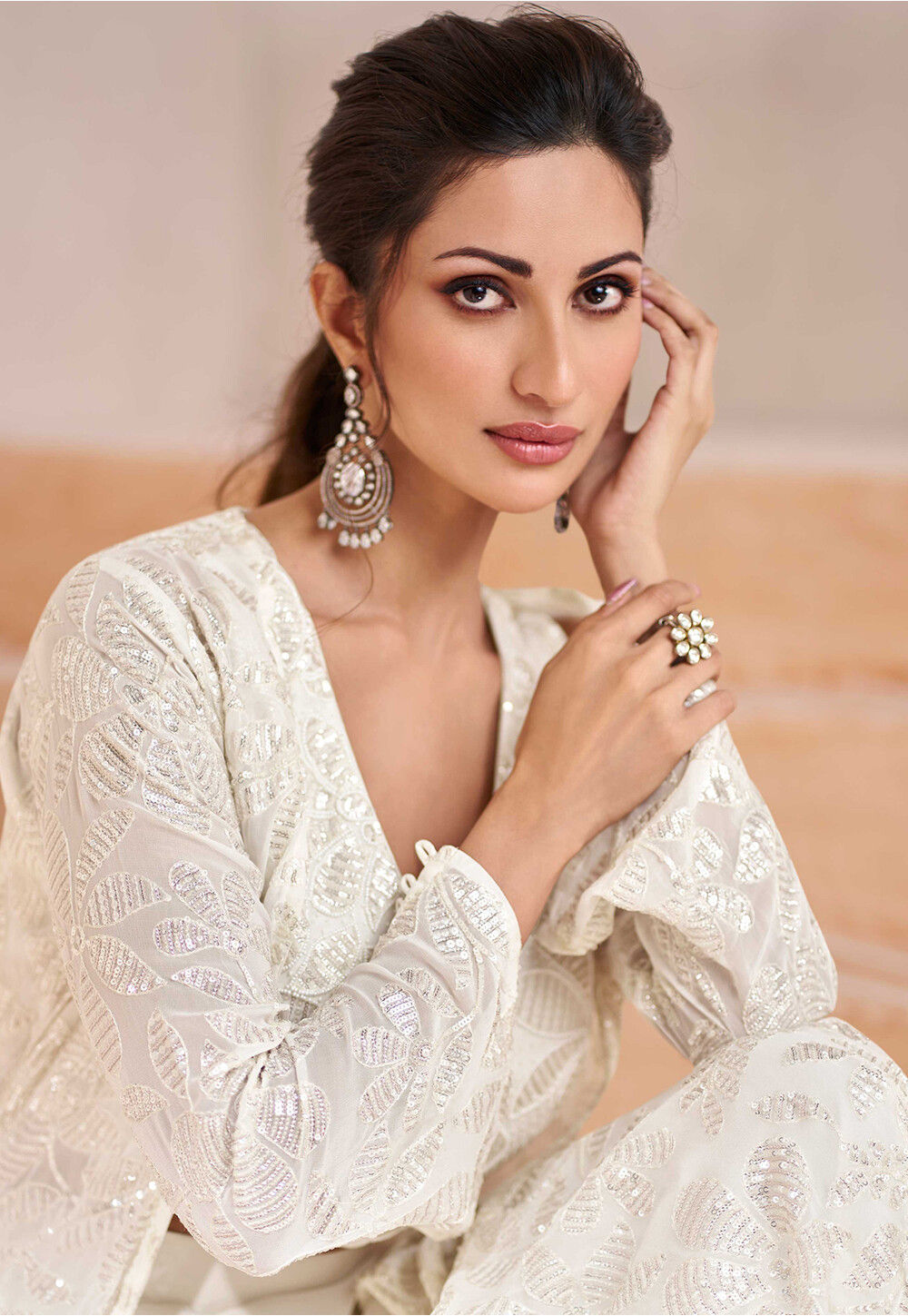Buy Hand Embroidered Georgette Crop Top Set in Off White Online ...