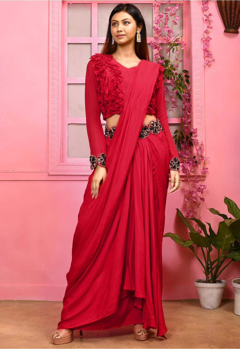 Buy Hand Embroidered Georgette Crop Top Set in Red Online : TYL19 ...