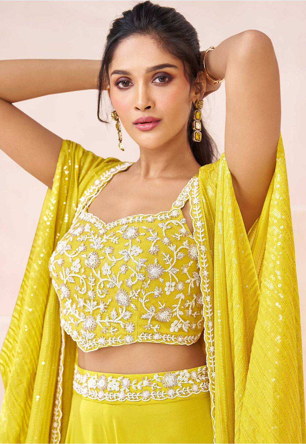 Buy Hand Embroidered Georgette Crop Top Set in Yellow Online : TCH384 ...