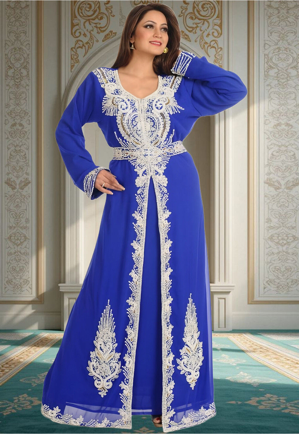Buy Hand Embroidered Georgette Jacket Style Moroccan Abaya in Royal ...