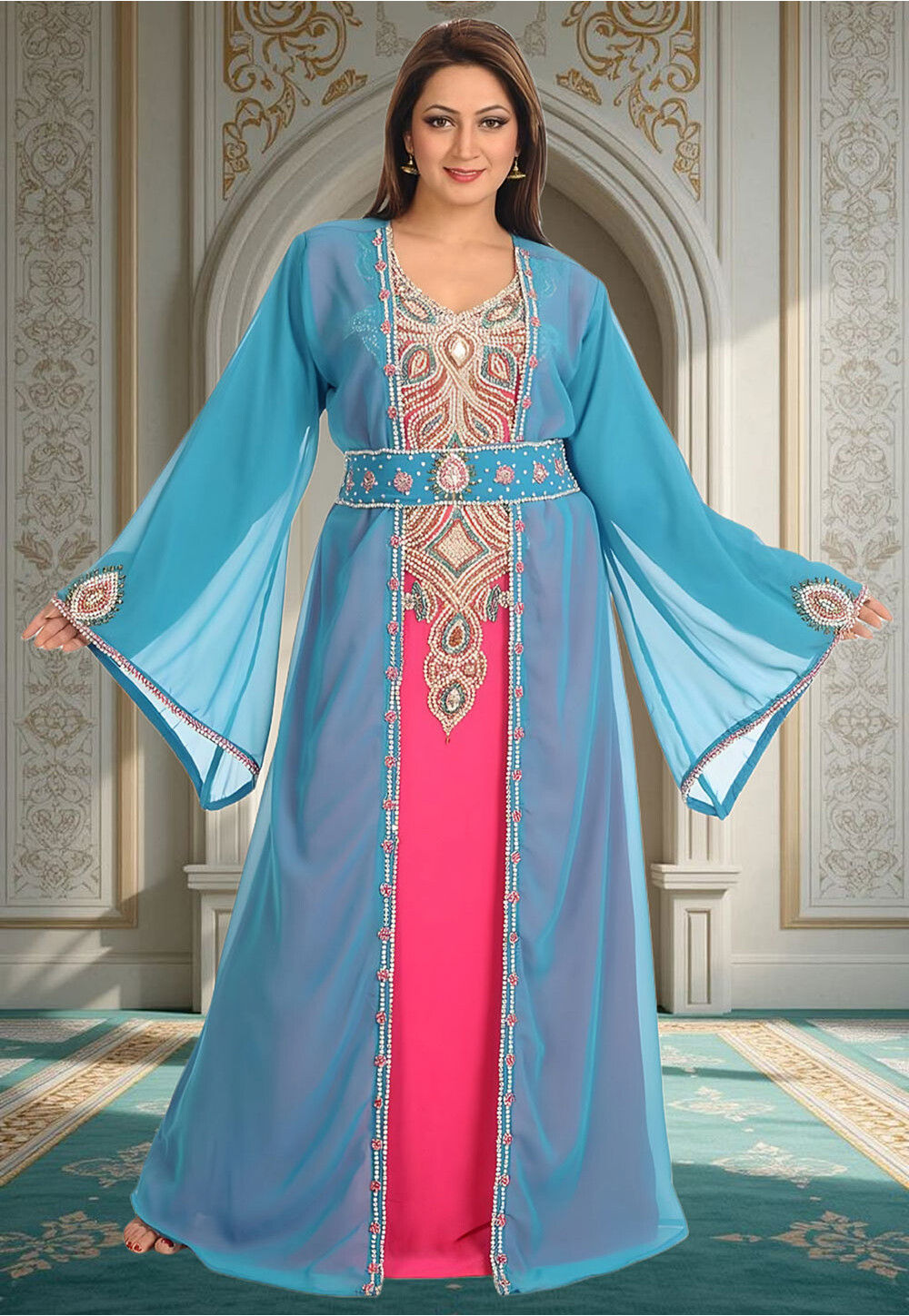 Buy Hand Embroidered Georgette Moroccan Abaya in Pink Online : QUN254 ...