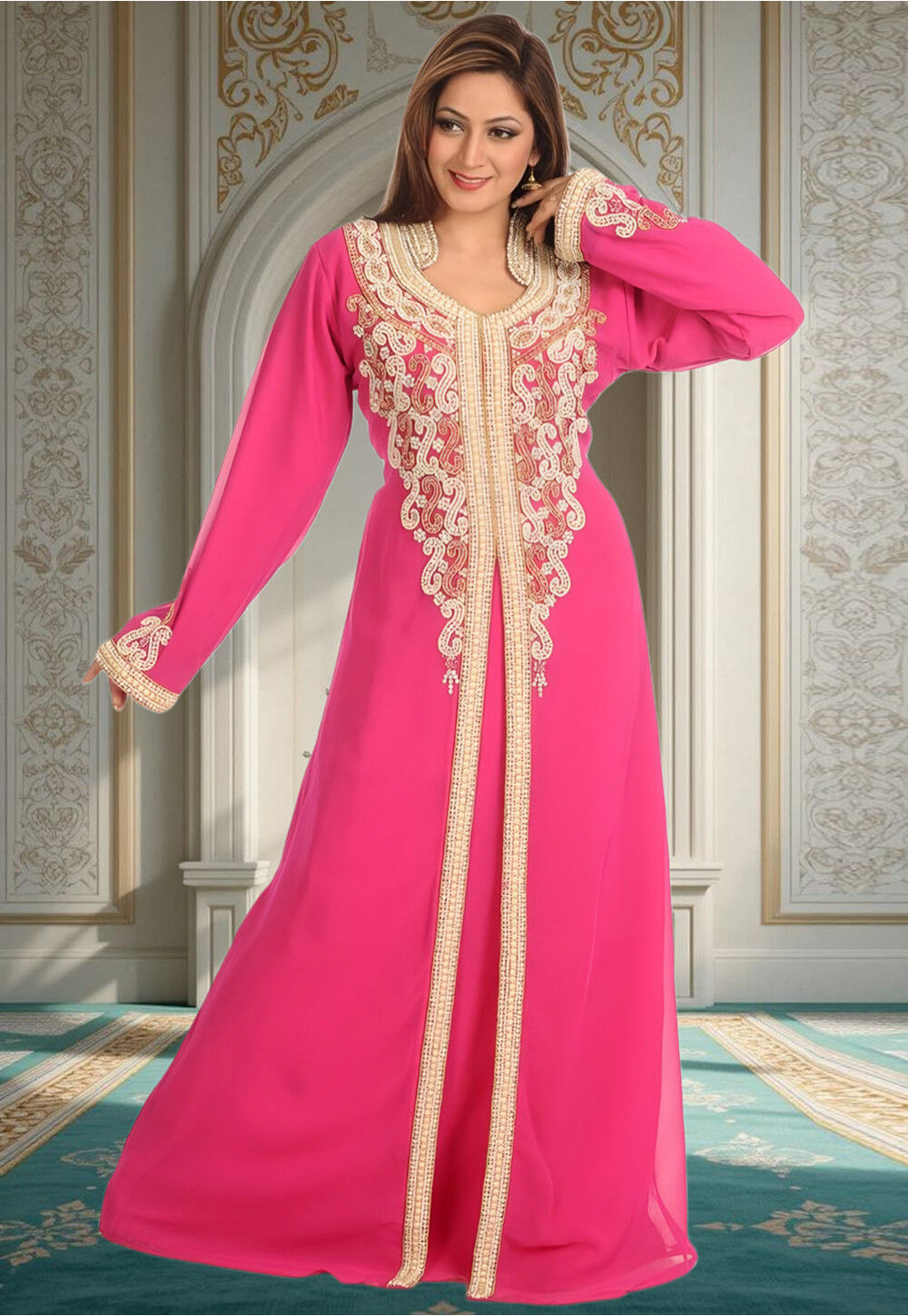 Buy Hand Embroidered Georgette Moroccan Abaya in Pink Online : QUN444 ...