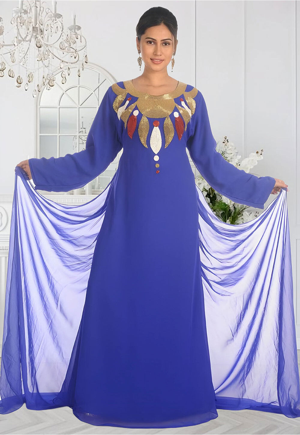 Buy Hand Embroidered Georgette Moroccan Abaya in Royal Blue Online ...
