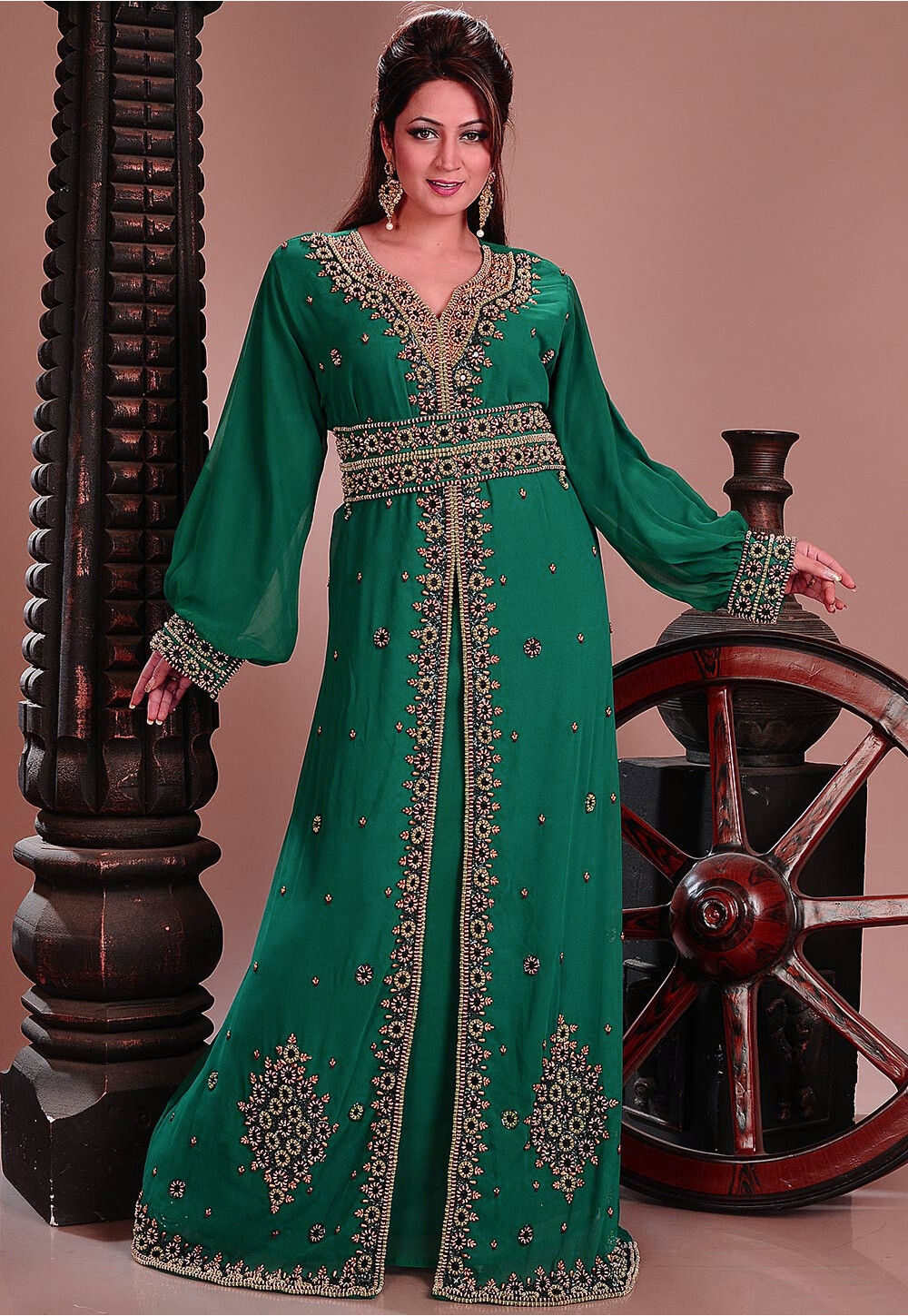 Buy Hand Embroidered Georgette Moroccan Abaya in Teal Blue Online ...