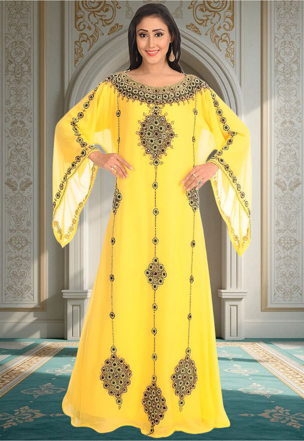 Buy Hand Embroidered Georgette Moroccan Abaya in Yellow Online : QUN407 ...