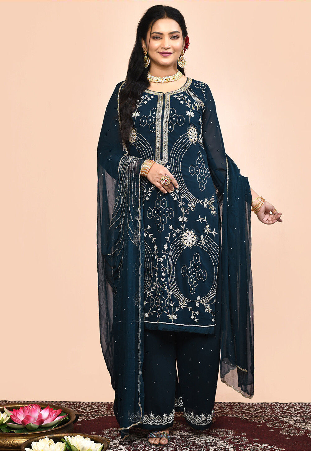 Hand Embroidered Georgette Pakistani Suit in Dark Blue : KQC404