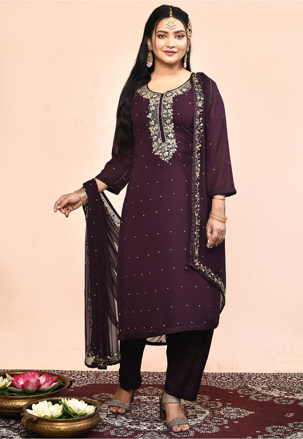 Buy Hand Embroidered Georgette Pakistani Suit in Wine Online : KQC383 ...