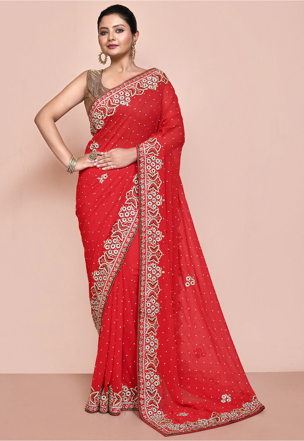 Buy Hand Embroidered Georgette Saree in Red Online : Seh4639 - Utsav ...