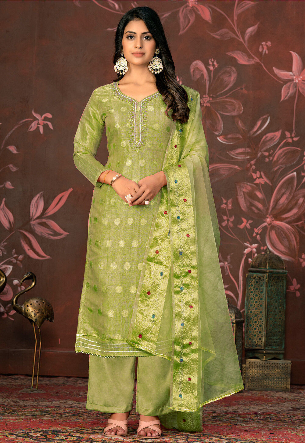 Buy Hand Embroidered Modal Silk Jacquard Pakistani Suit in Green Online ...