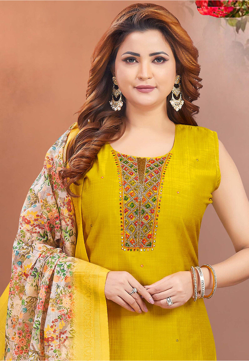 Buy Hand Embroidered Modal Silk Pakistani Suit in Yellow Online ...