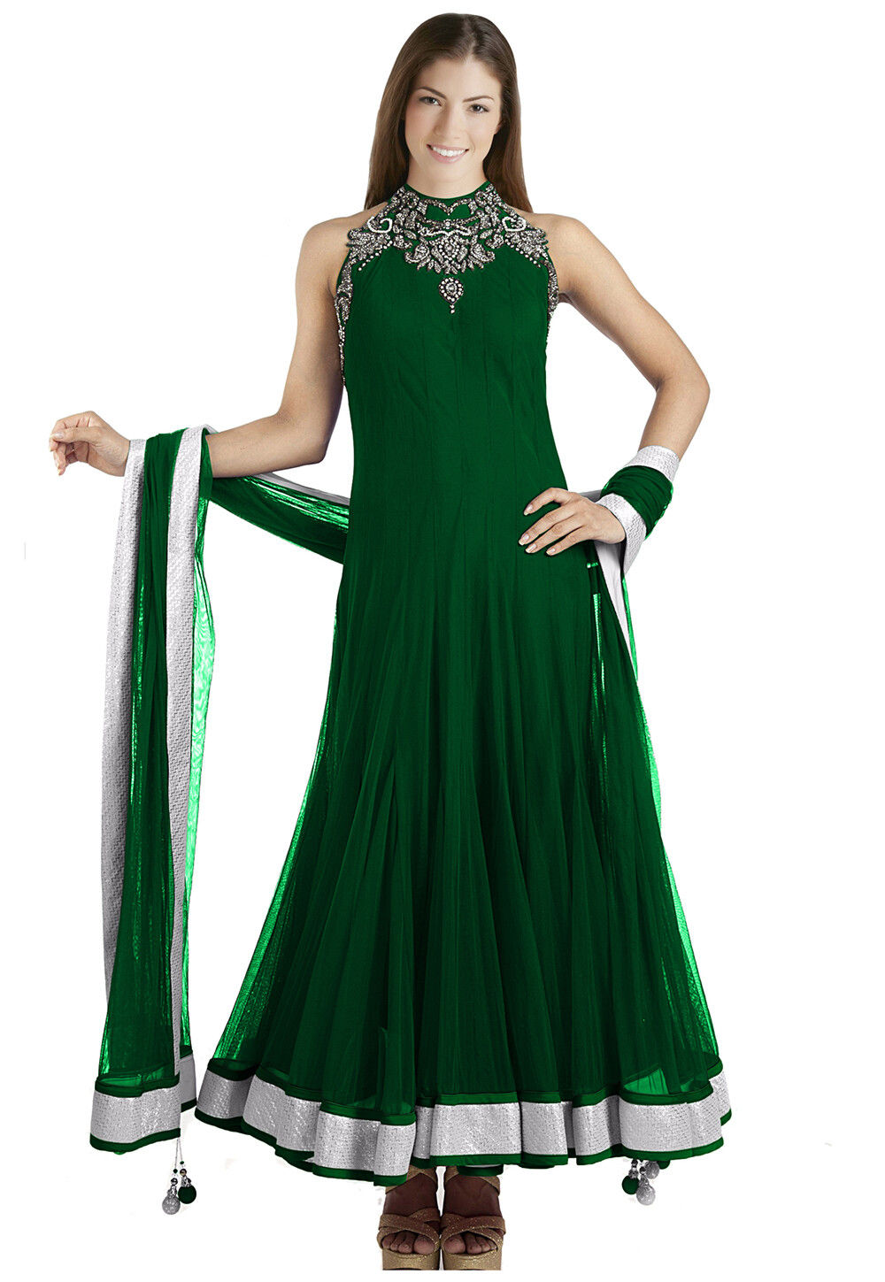 Buy Hand Embroidered Net Abaya Style Suit in Dark Green Online : KVE507 ...