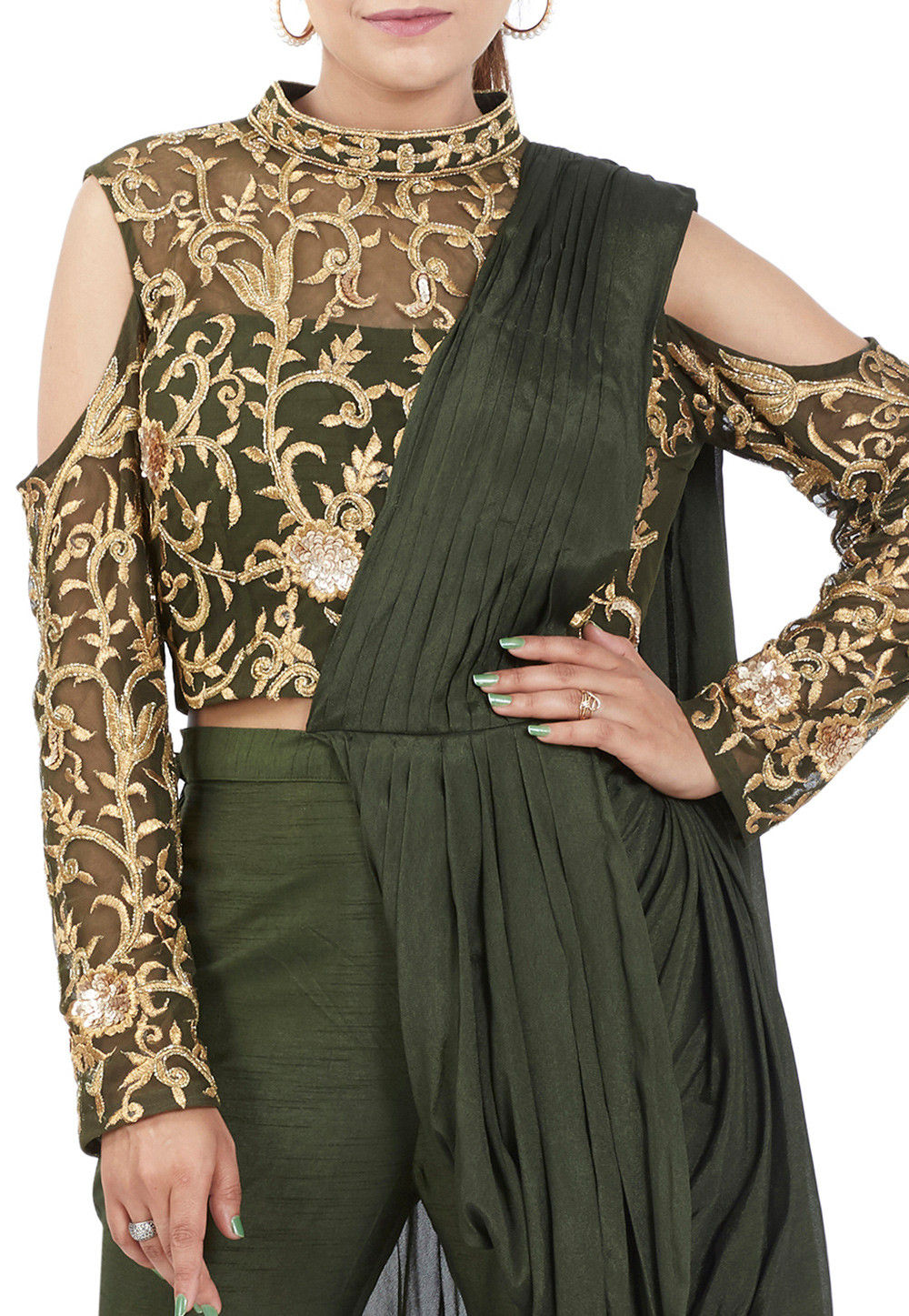 Buy Hand Embroidered Net Crop Top Set in Olive Green Online : TVG13 ...