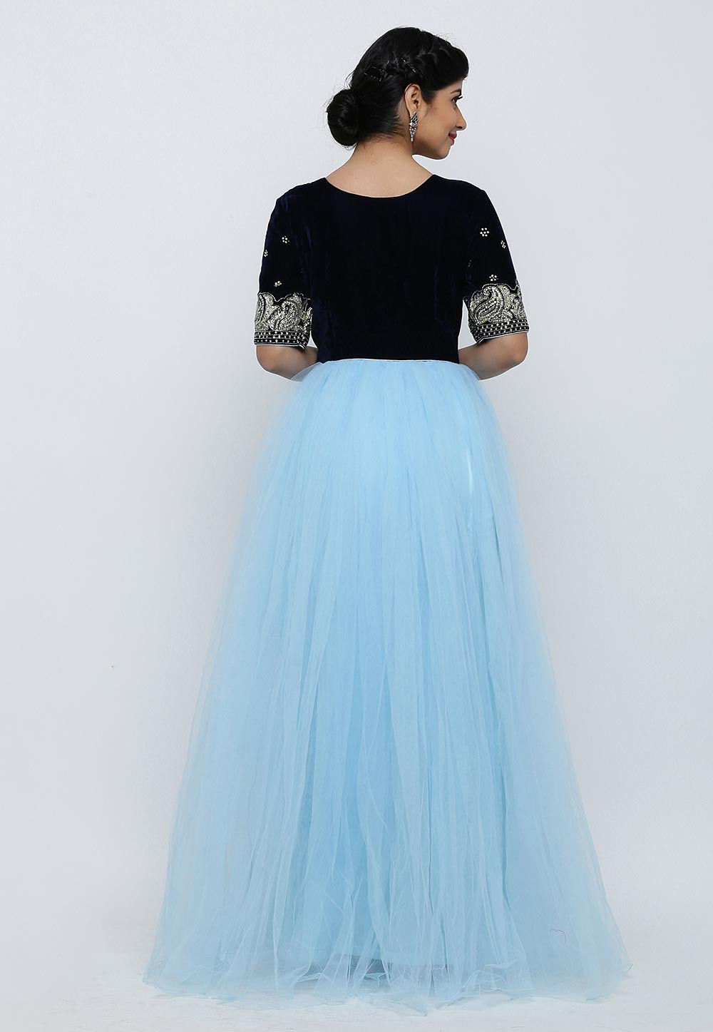 Buy Hand Embroidered Net Gown in Sky Blue and Navy Blue Online ...