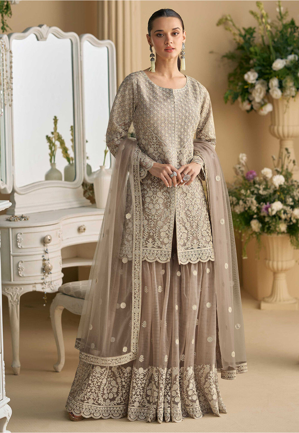 Buy Hand Embroidered Net Pakistani Suit in Fawn Online : KCH14870 ...