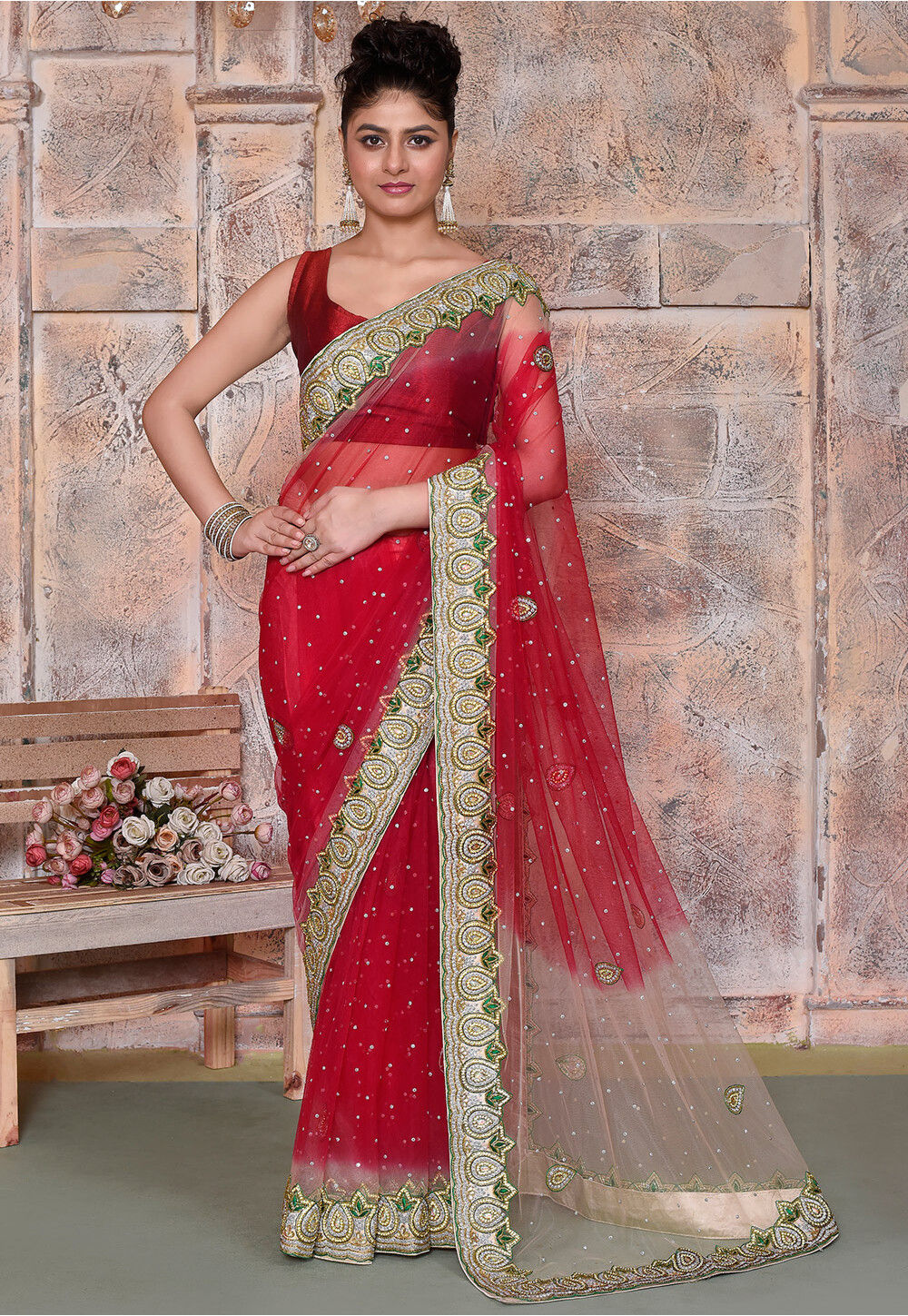 Buy Hand Embroidered Net Saree in Red Online : SEH4755 - Utsav Fashion