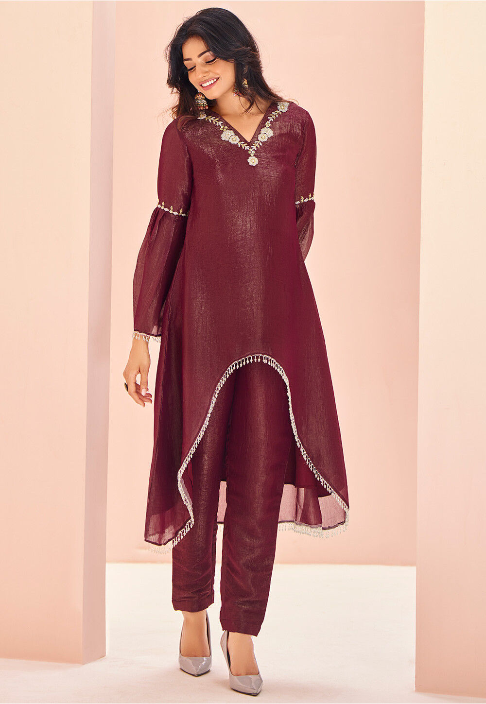 Buy Hand Embroidered Organza Asymmetric Kurta Set in Maroon Online ...