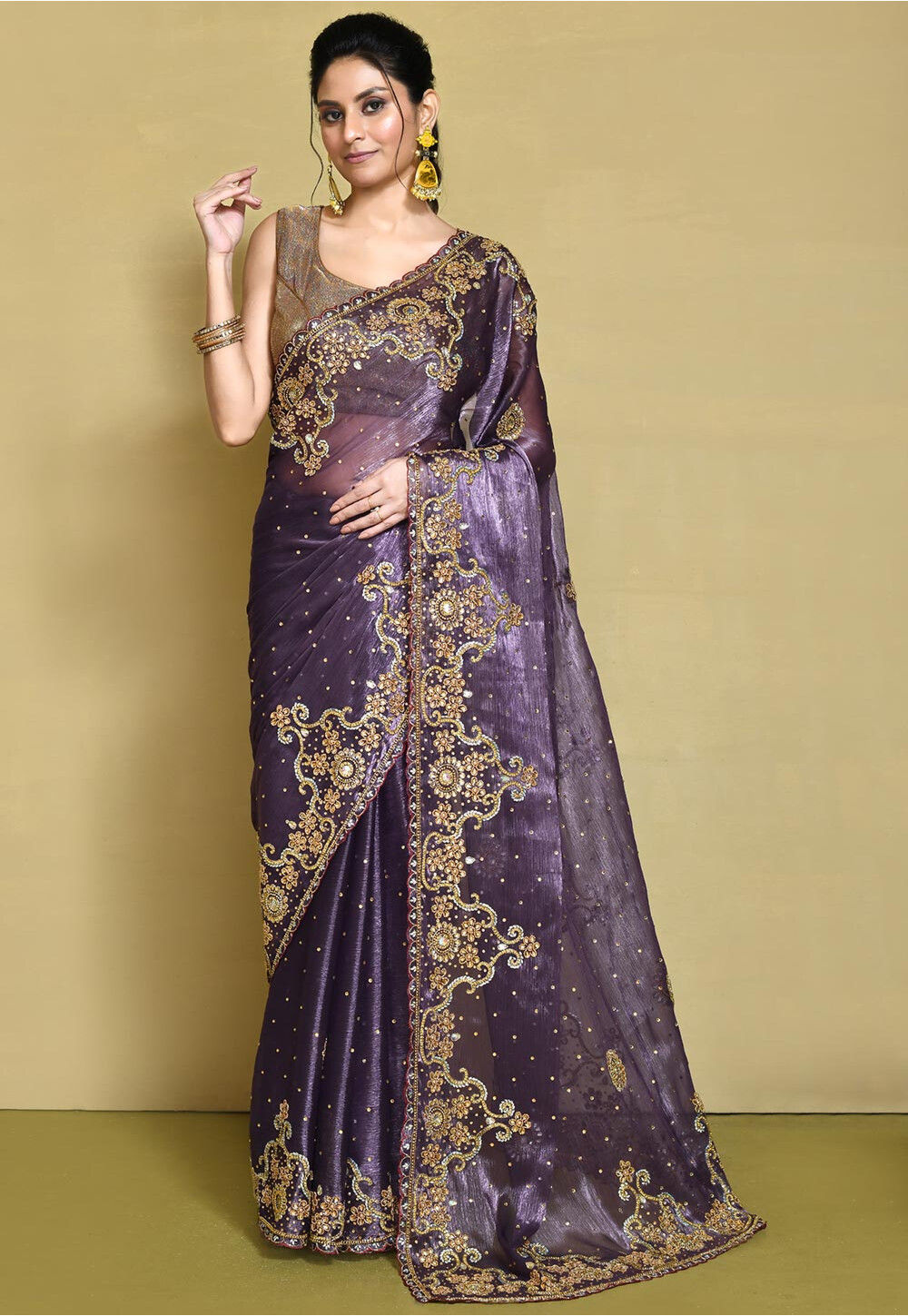 Buy Hand Embroidered Organza Saree in Dark Violet Online : SEH4664 ...