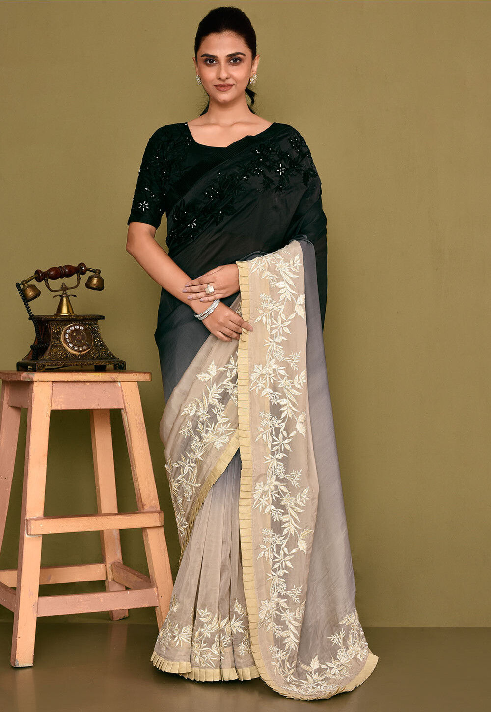 Buy Hand Embroidered Organza Silk Saree in Shaded Black and Beige ...