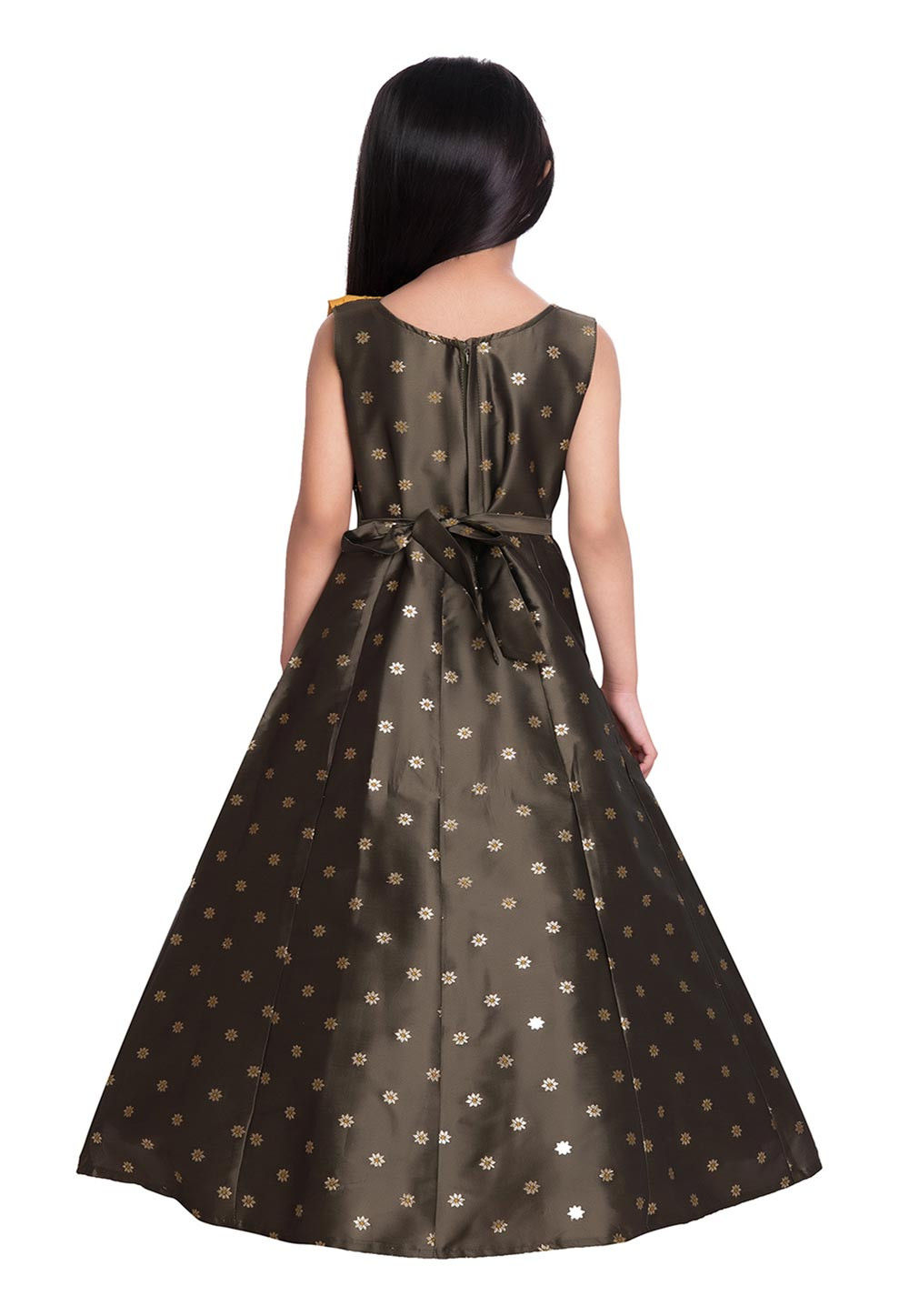 Hand Embroidered Polyester Gown in Dark Grey and Mustard : UKU1199