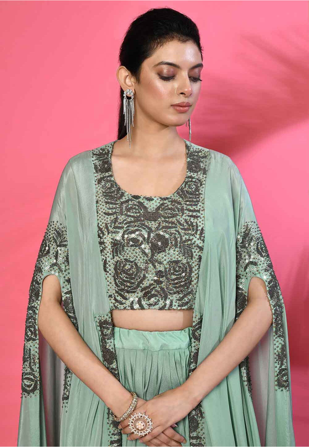 Buy Hand Embroidered Pure Crepe High Low Crop Top Set in Sea Green ...