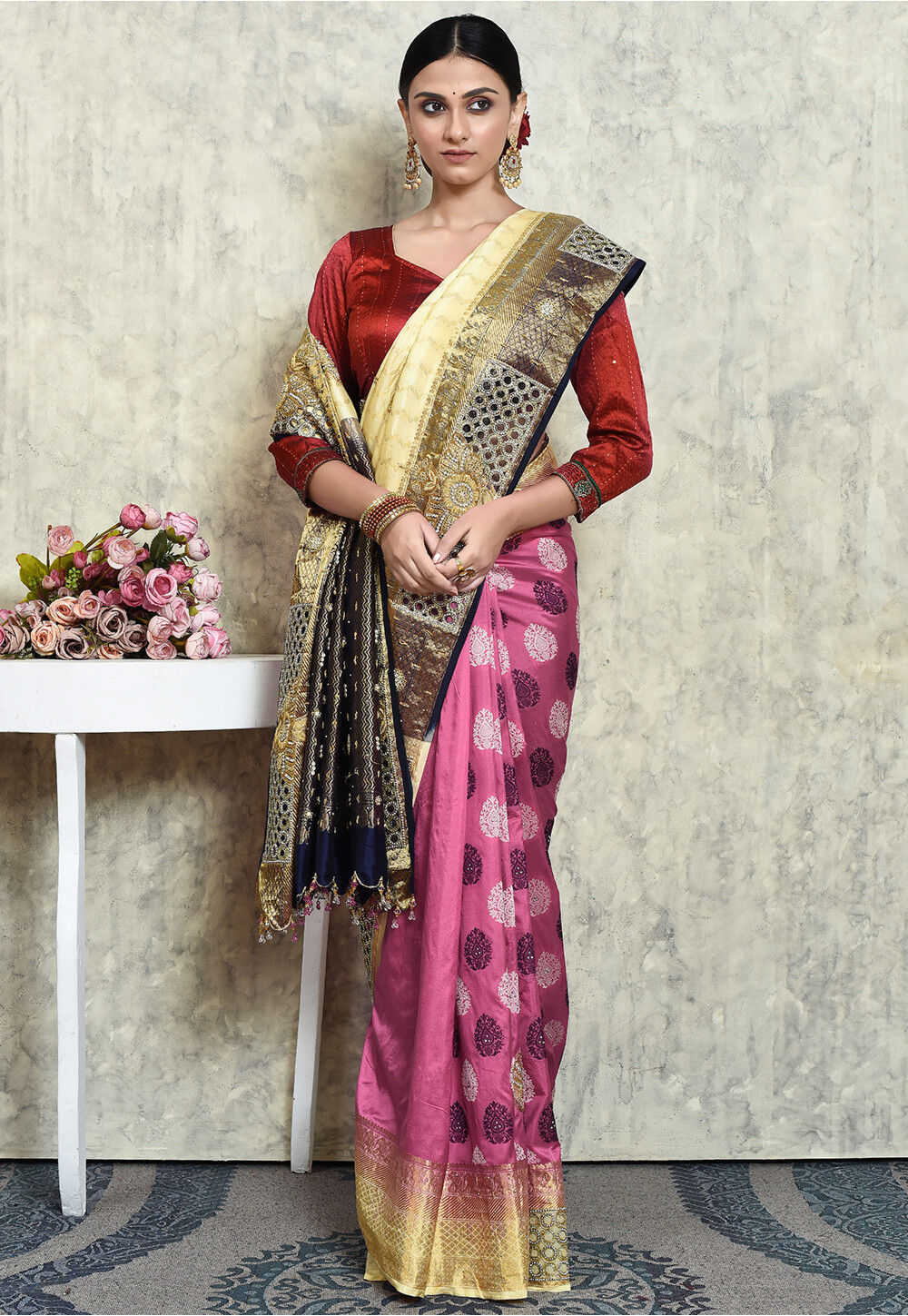 Buy Hand Embroidered Pure Kanchipuram Silk Saree in Cream and Pink ...