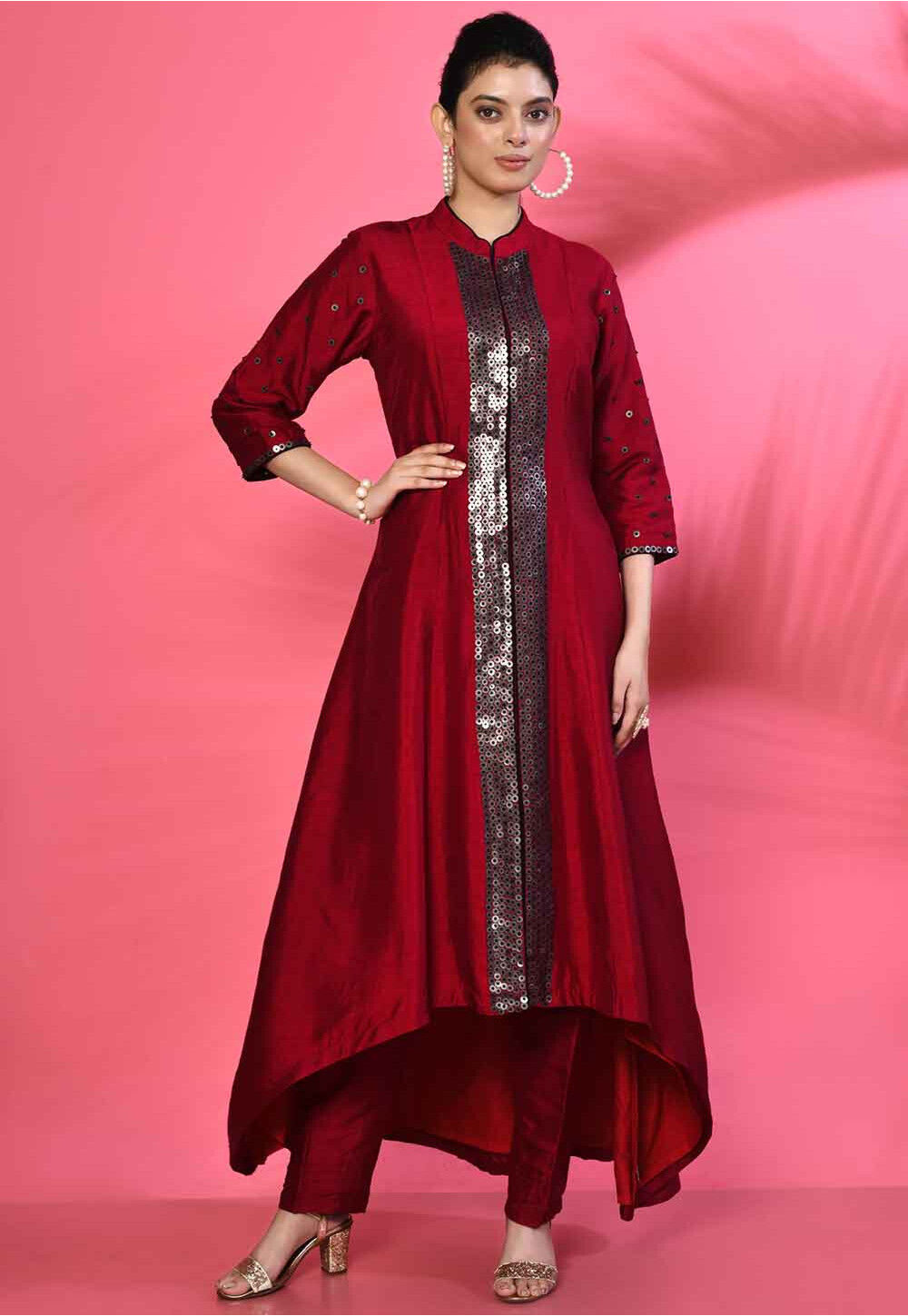 Buy Hand Embroidered Pure Silk Asymmetric Kurta Set in Red Online ...