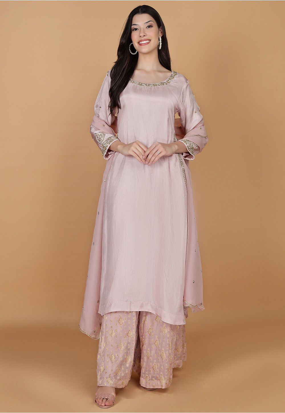 Buy Hand Embroidered Pure Silk Pakistani Suit in Baby Pink Online ...
