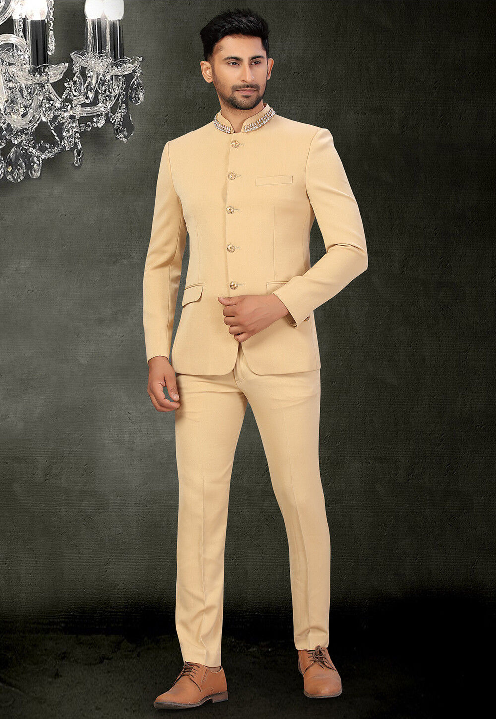 Buy Hand Embroidered Pure Terry Rayon Jodhpuri Suit in Beige Online ...