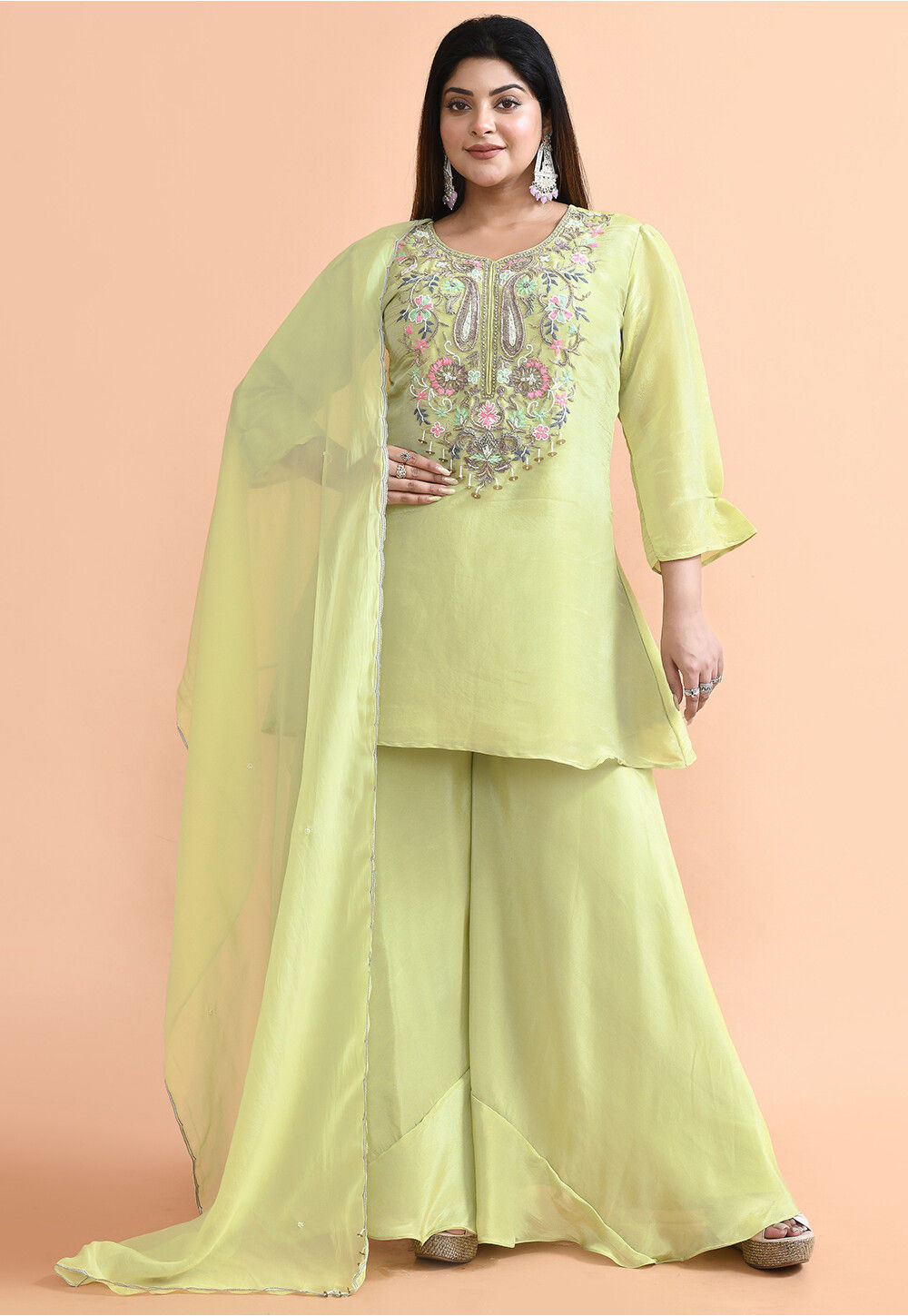 Hand Embroidered Pure Tissue Silk Pakistani Suit in Light Green
