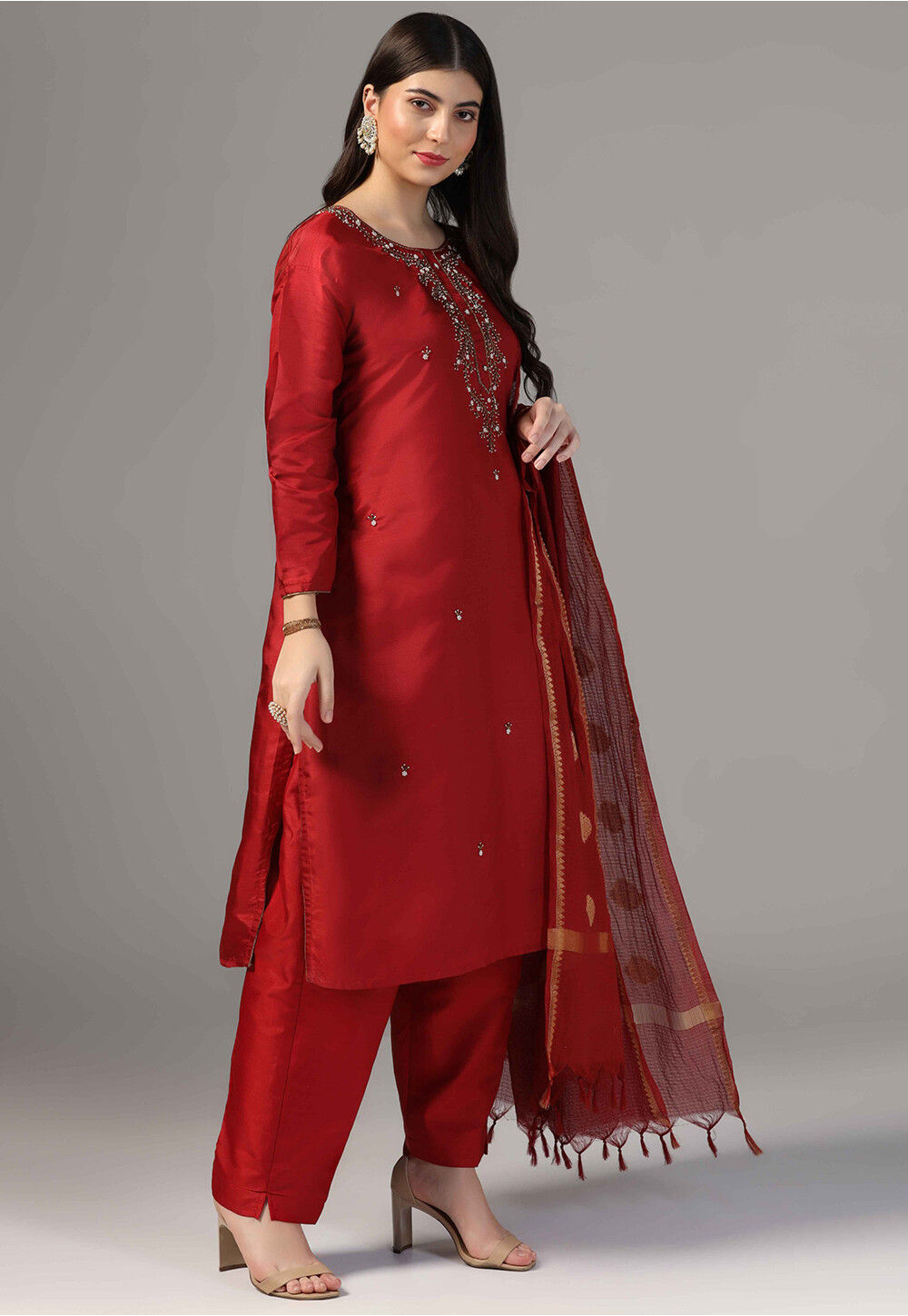 Buy Hand Embroidered Raw Silk Pakistani Suit in Maroon Online : KCJ312 ...