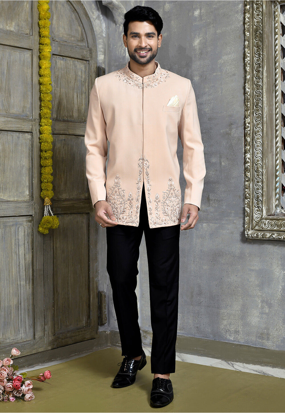 Buy Hand Embroidered Suede Jodhpuri Suit in Peach Online : MTX3367 ...