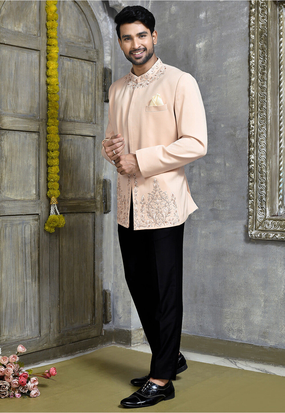 Buy Hand Embroidered Suede Jodhpuri Suit in Peach Online : MTX3367 ...