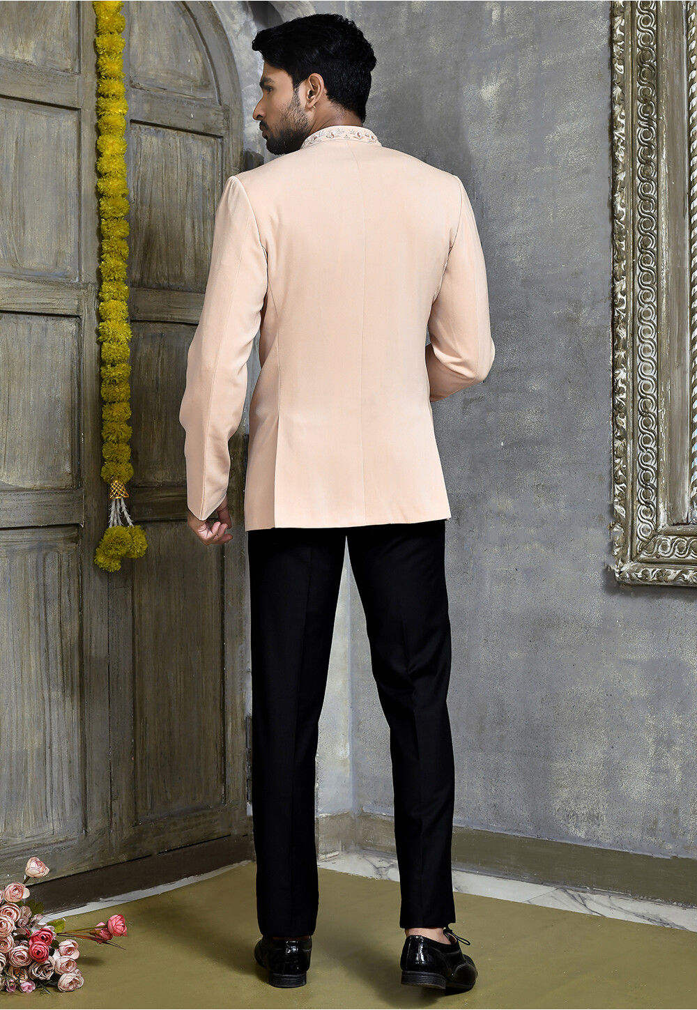 Buy Hand Embroidered Suede Jodhpuri Suit in Peach Online : MTX3367 ...