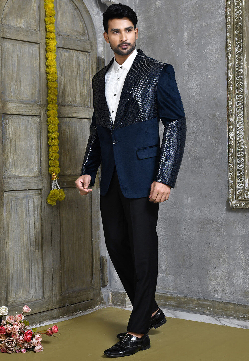 Buy Hand Embroidered Suede Suit Set in Dark Blue Online : MTX3360 ...