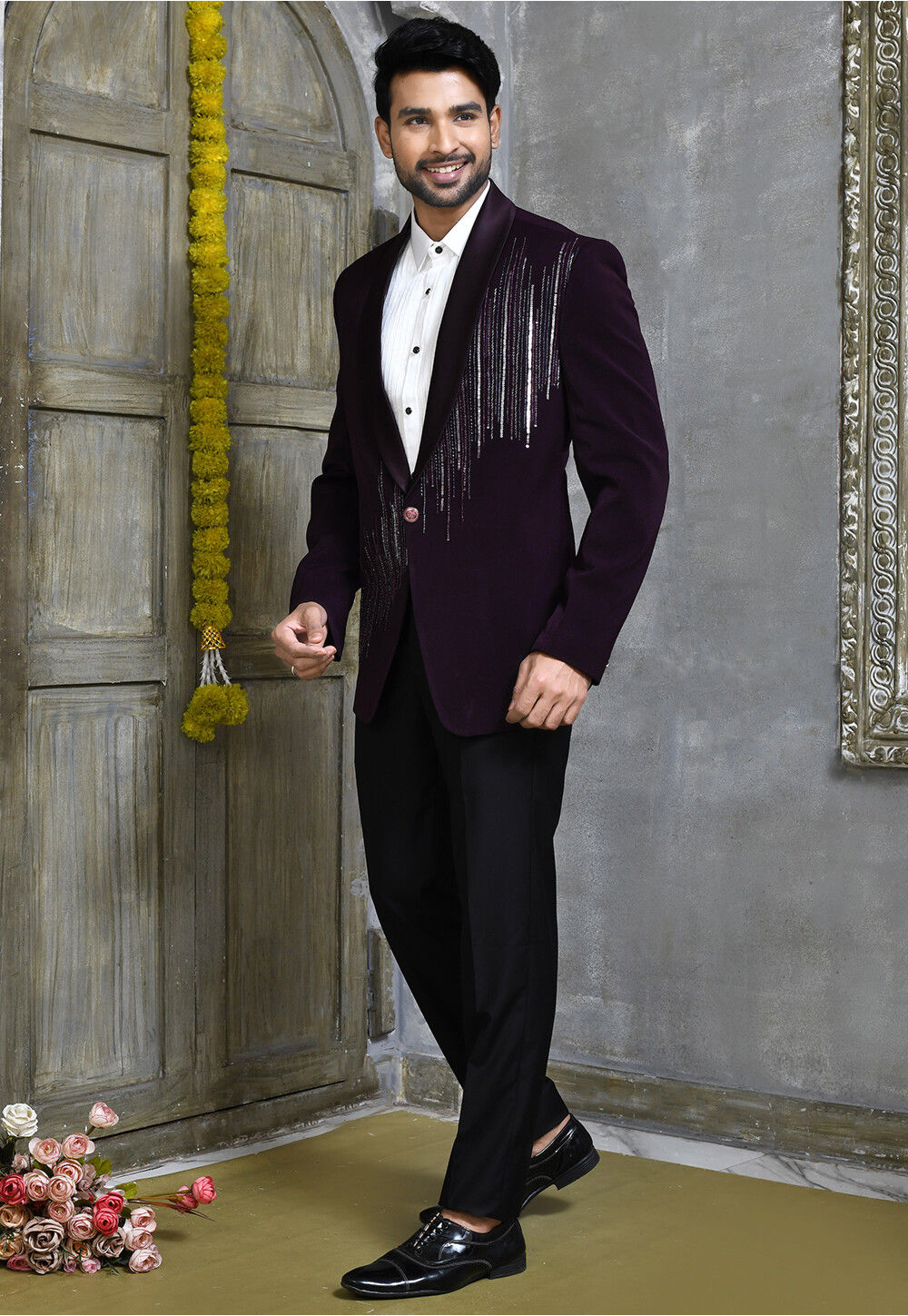 Buy Hand Embroidered Suede Suit Set in Dark Purple Online : MTX3361 ...