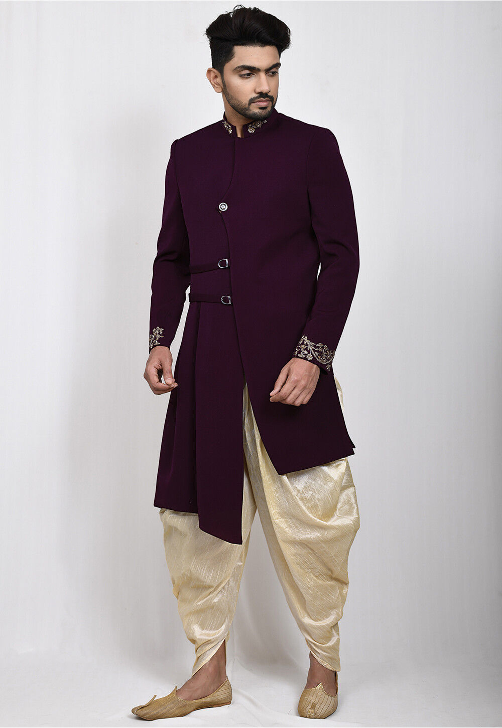 Buy Hand Embroidered Terry Rayon Dhoti Sherwani in Dark Purple Online ...