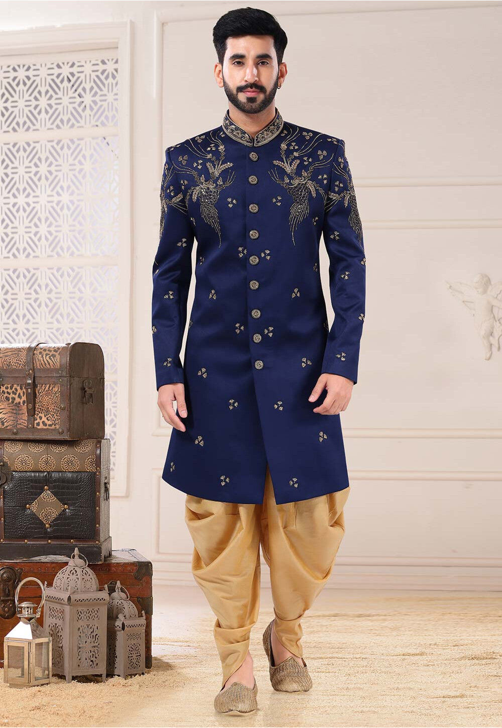 Buy Hand Embroidered Terry Rayon Sherwani in Navy Blue Online : MUY896 ...