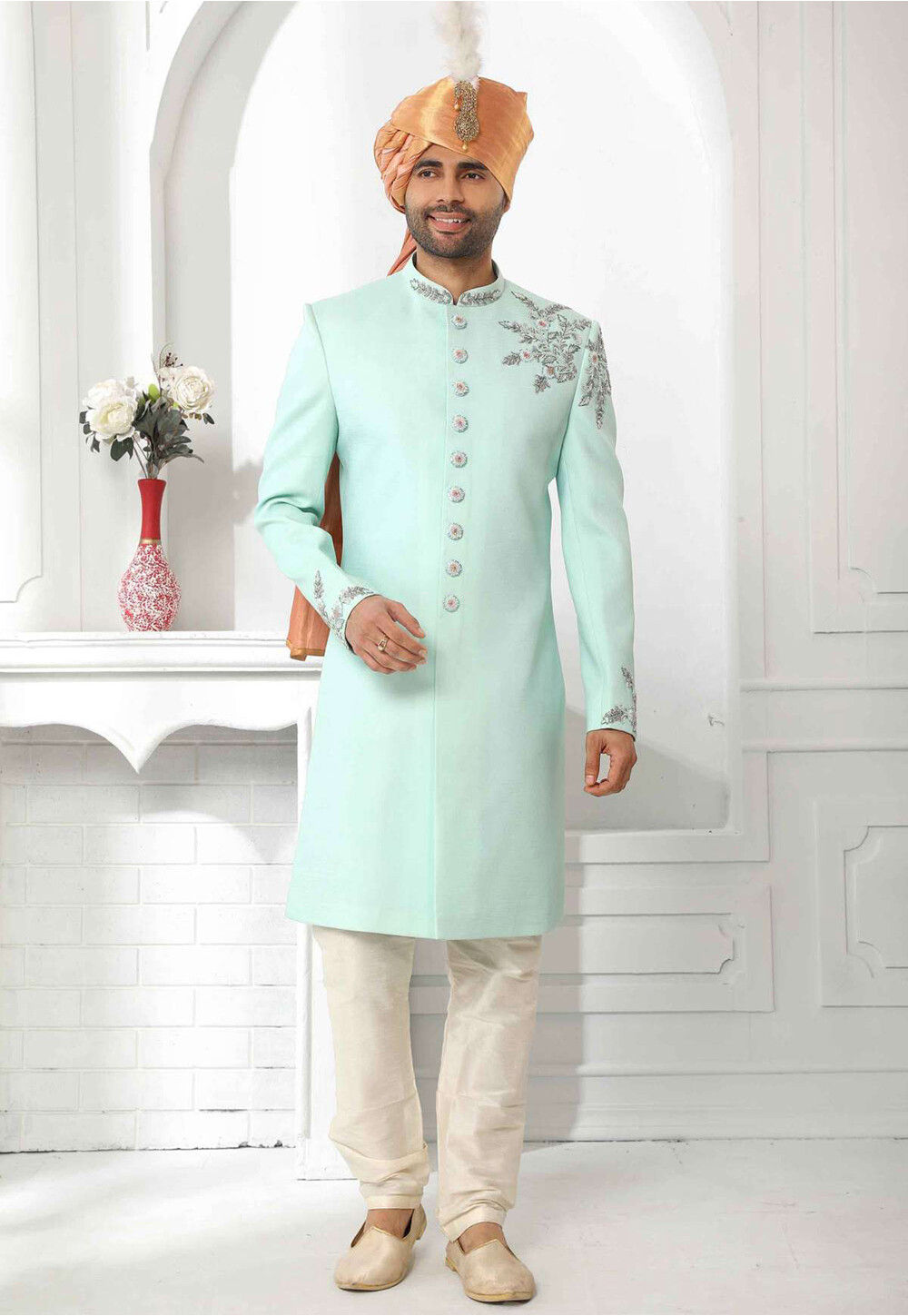 Buy Hand Embroidered Terry Rayon Sherwani in Pastel Green Online ...