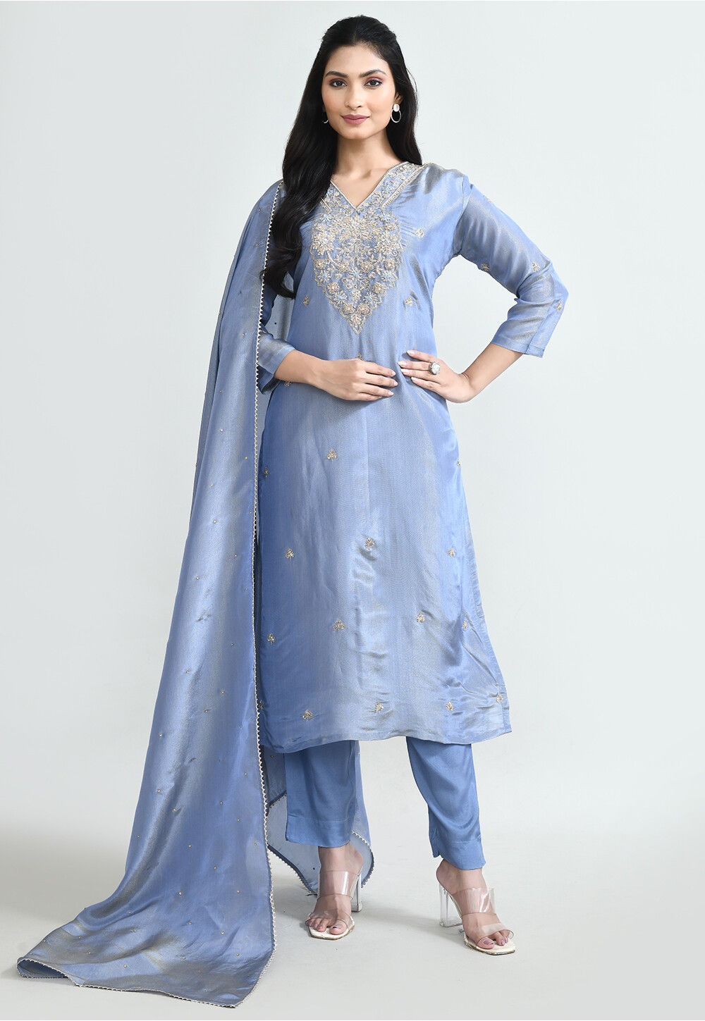 Buy Hand Embroidered Tissue Pakistani Suit in Pastel Blue Online ...