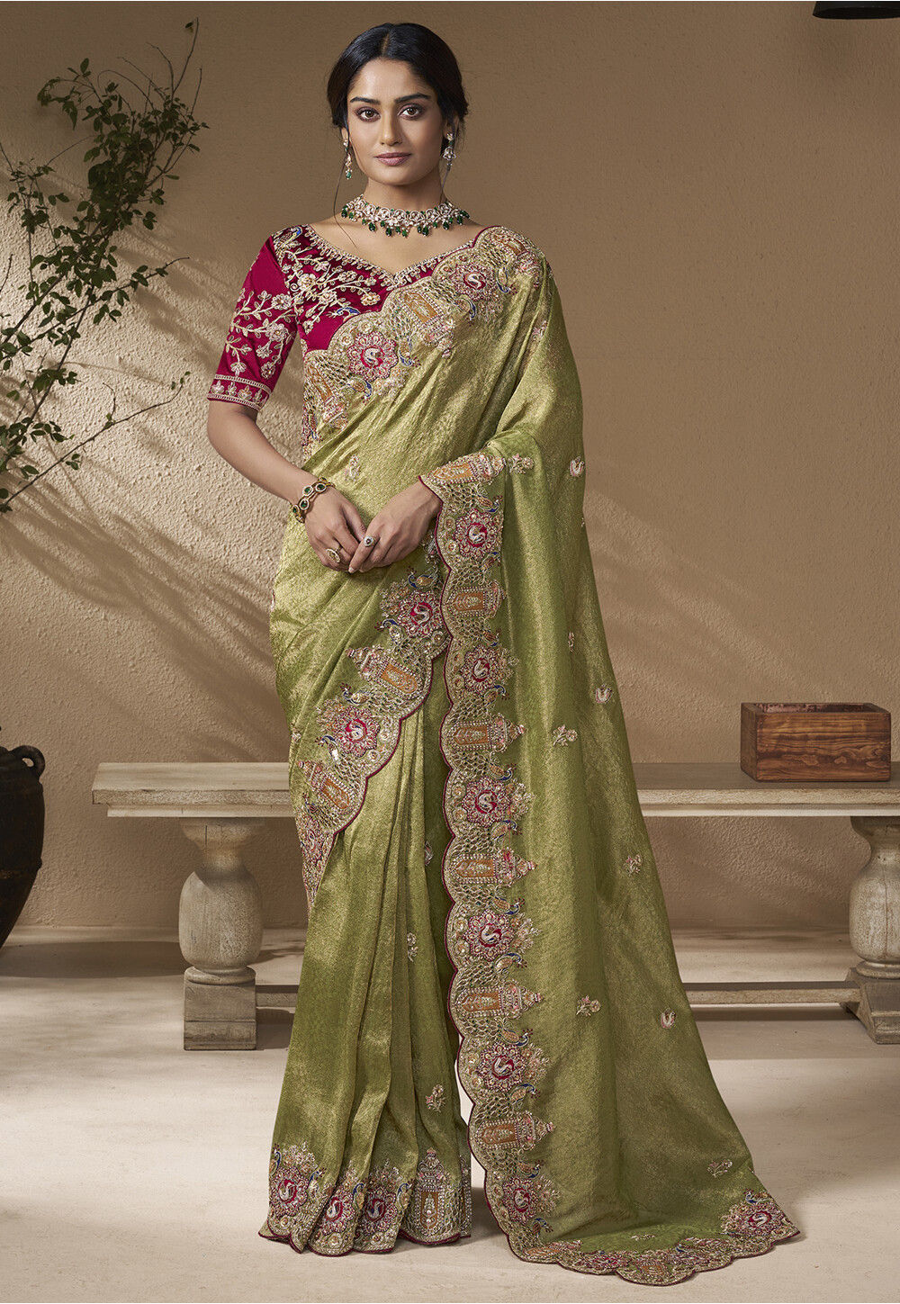 Buy Hand Embroidered Tissue Scalloped Saree in Pink Online : SET677 ...