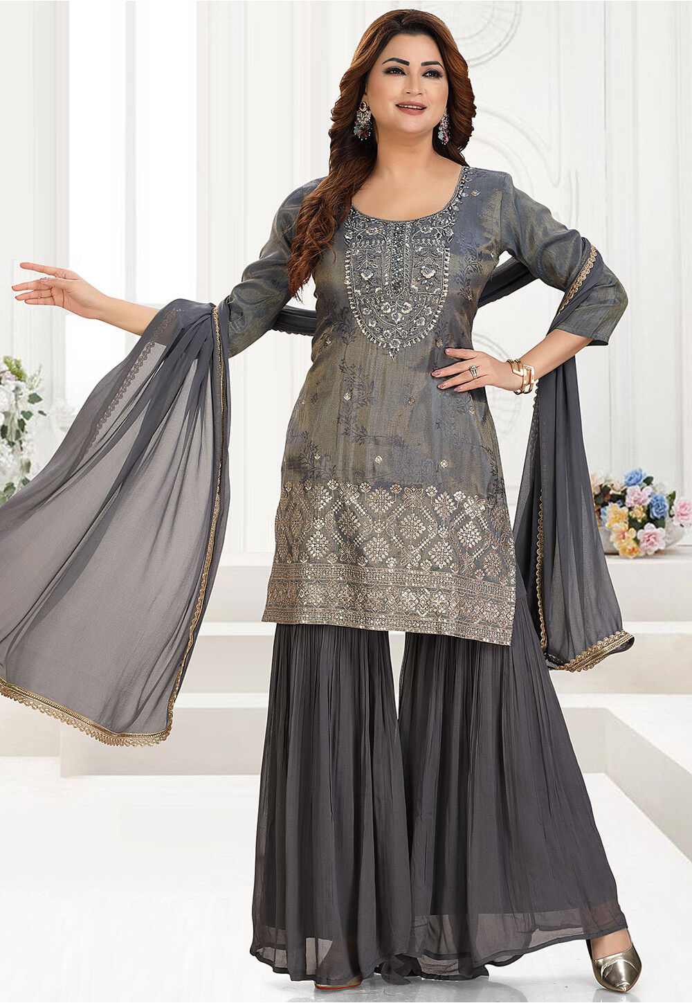Buy Hand Embroidered Tissue Silk Pakistani Suit in Grey Online : KBN923 ...