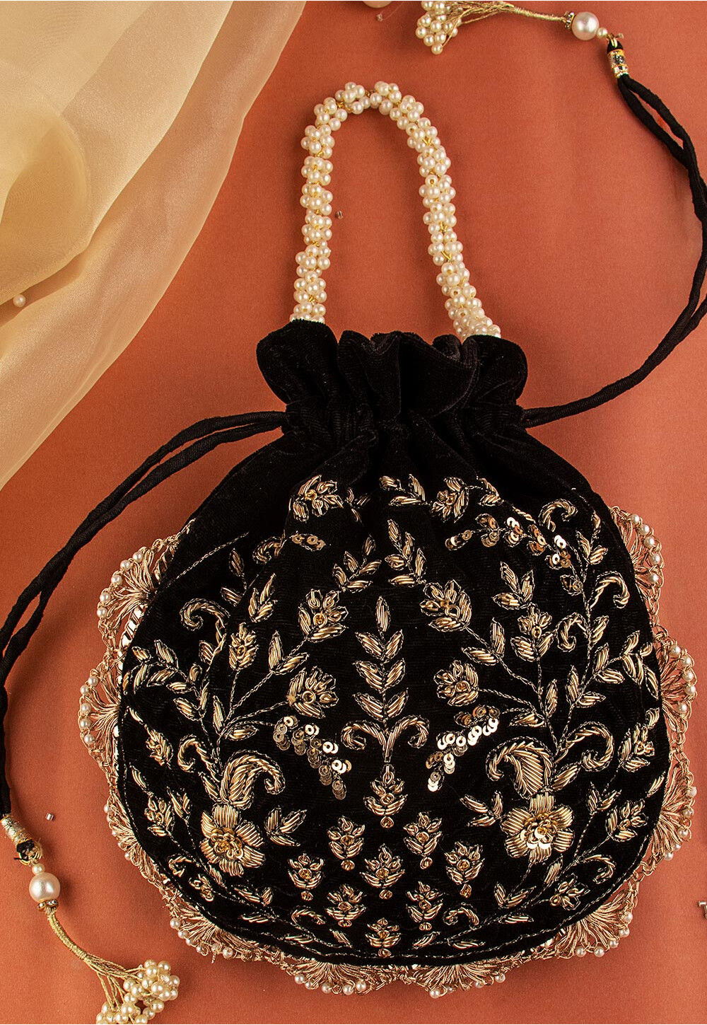 Buy Hand Embroidered Velvet Potli Bag in Black Online : DMQ407 - Utsav ...