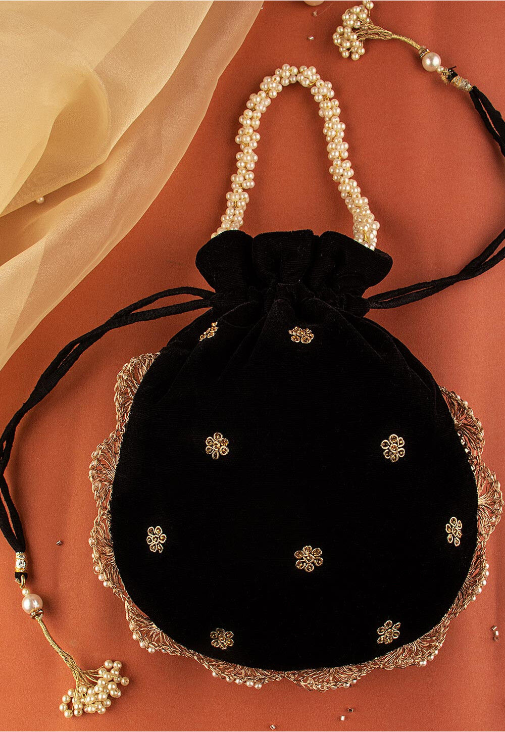 Buy Hand Embroidered Velvet Potli Bag in Black Online : DMQ407 - Utsav ...