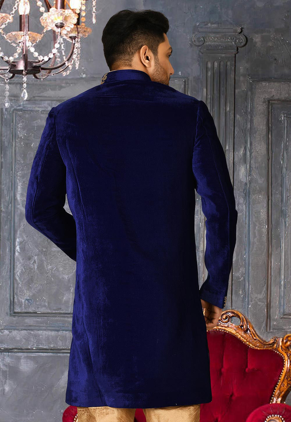 Buy Hand Embroidered Velvet Sherwani in Navy Blue Online : MLC1202 ...