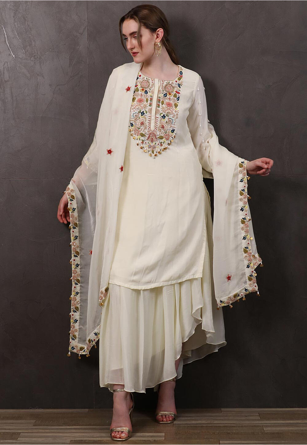 Buy Hand Embroidered Viscose Georgette Pakistani Suit in Cream Online ...